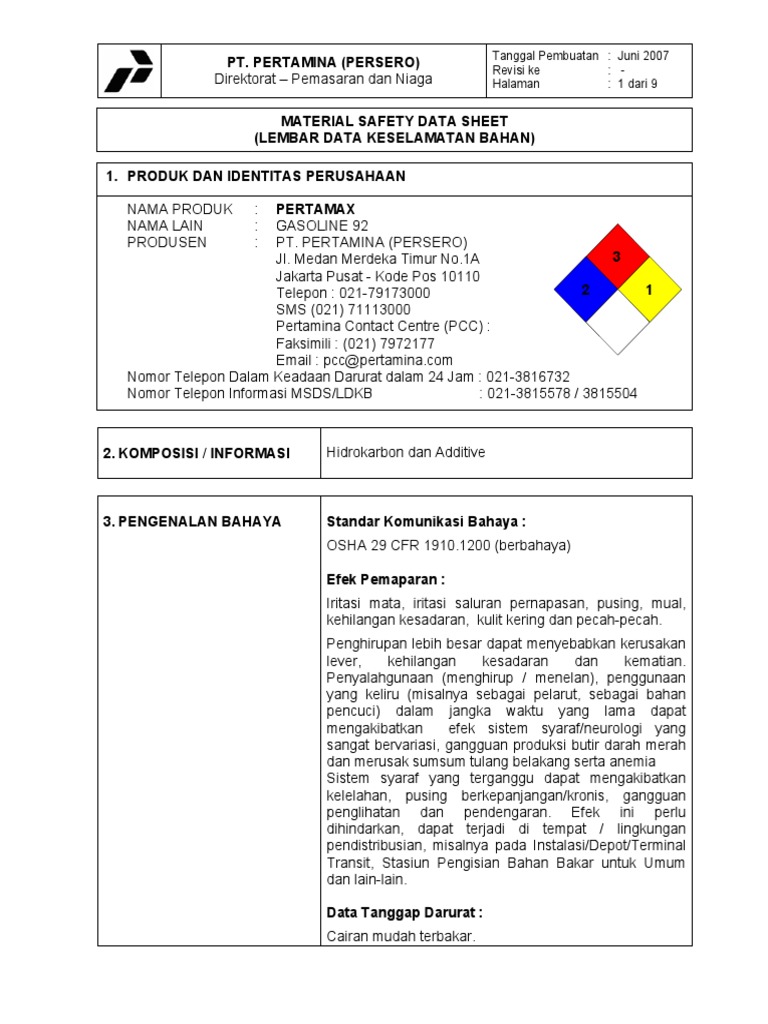 MSDS Pertamax: Bahaya dan Penanganan | PDF