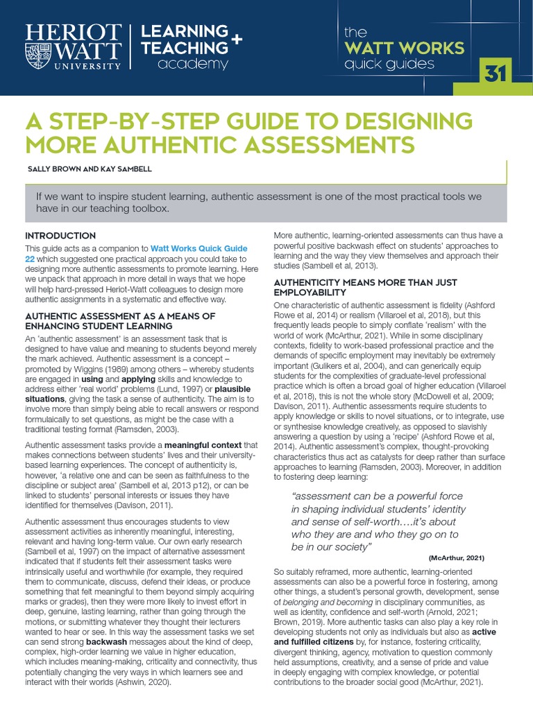 GUIDE NO31 - A Step by Step Guide To Designing More Authentic Assessments PDF | PDF