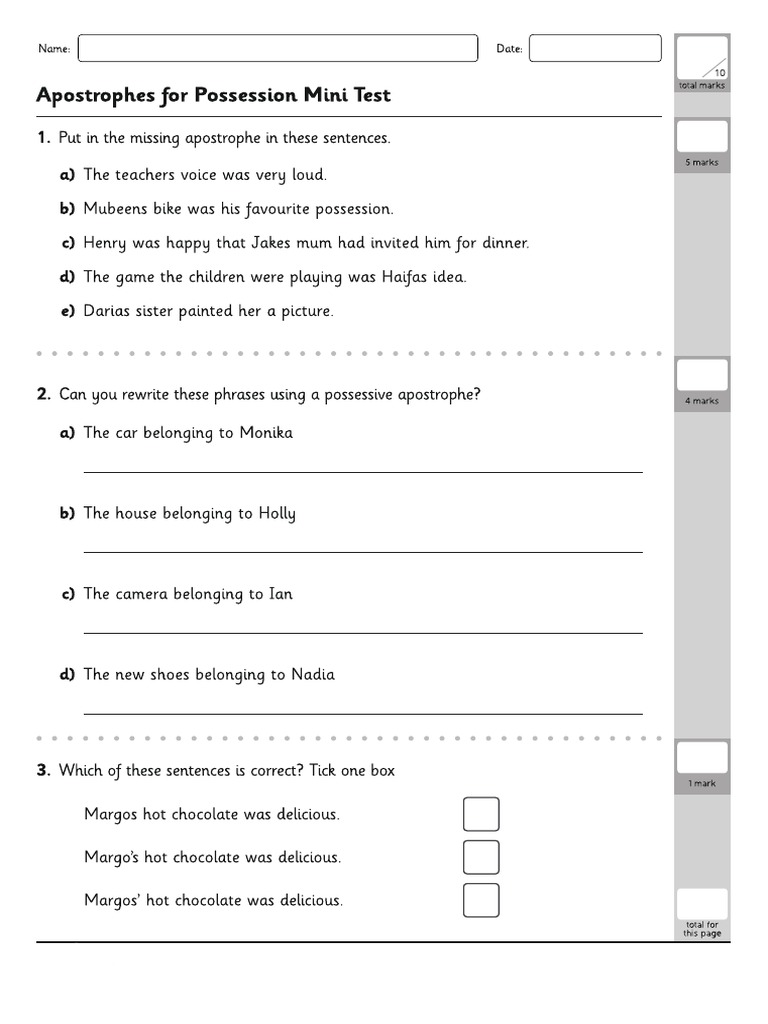 Apostrophes For Possession Test PDF | PDF