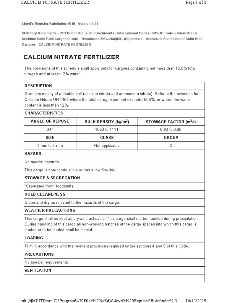 Calcium Nitrate Fertilizer PDF | PDF | Fertilizer | Cargo
