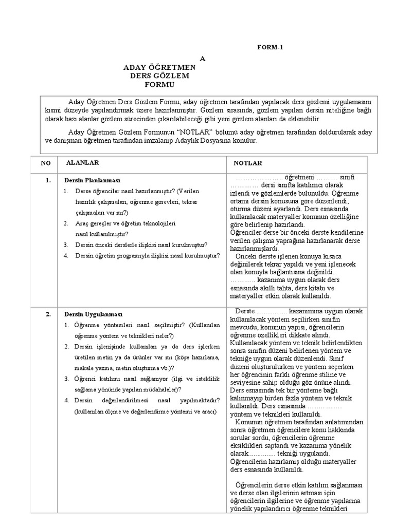 Form1 - Aday Öğretmen Ders Gözlem Formu | PDF