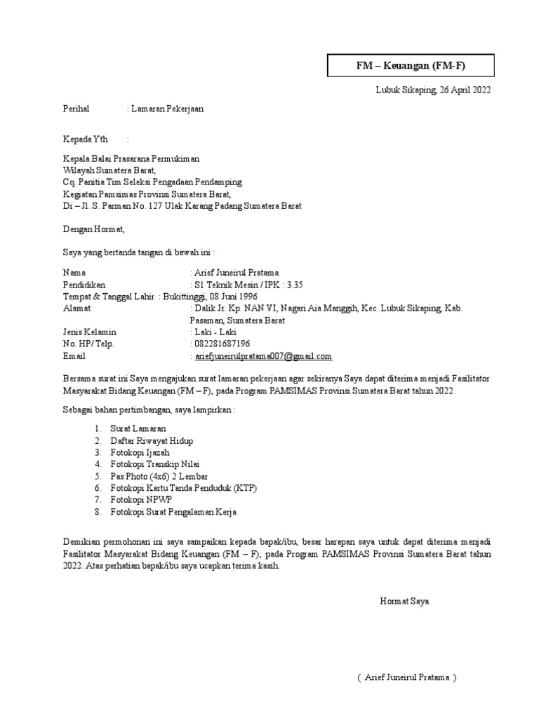 Surat Lamaran Arief Juneirul Pratama.docx | PDF
