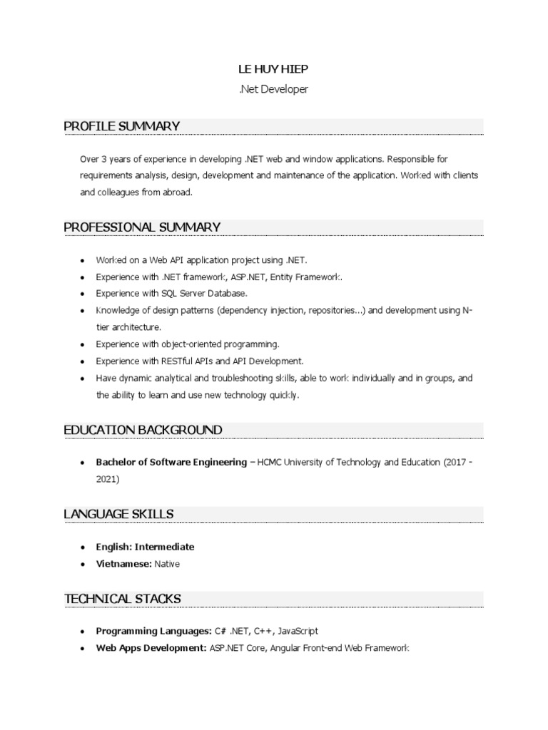 FPT_CV_HiepLH10-Developer-1.docx | PDF | Entity Framework | Application Software