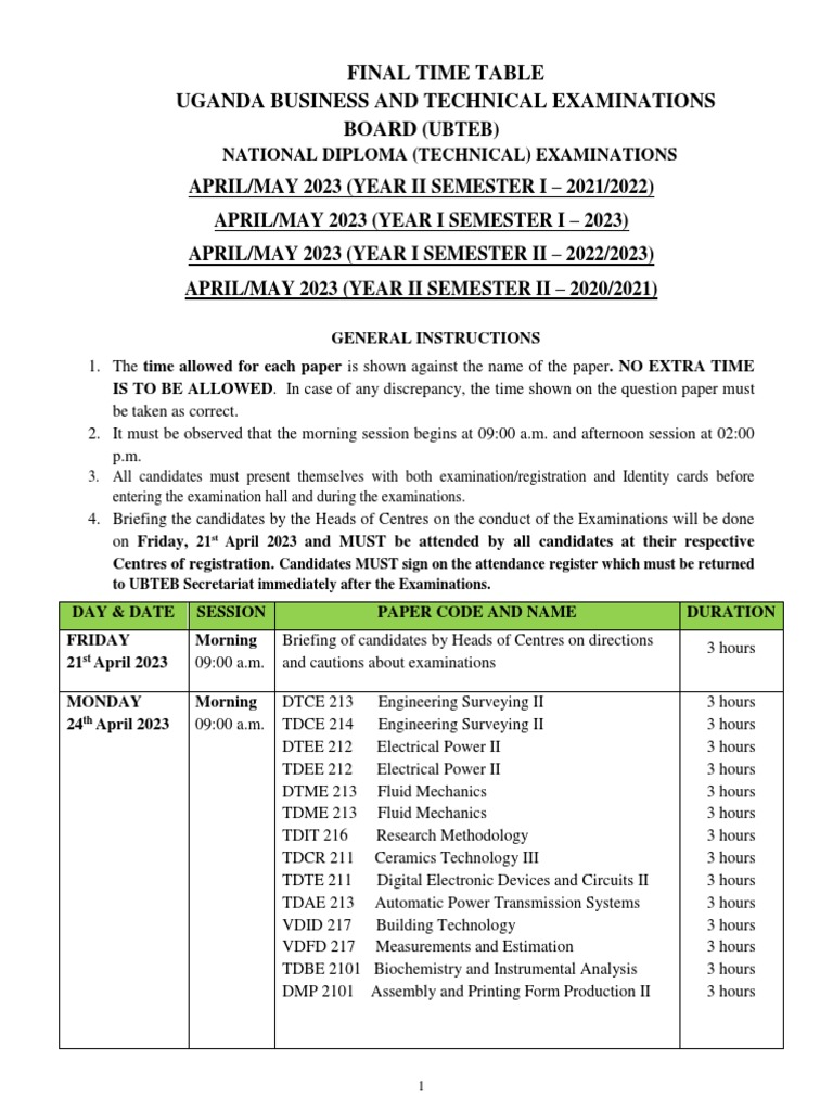 Technical National Diploma Time Table April May 2023 Finalpdf 1681455274859 PDF | PDF