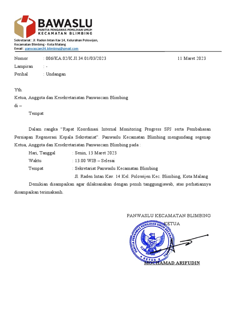 Surat Undangan Rapat Koordinasi Internal - 13-03-23 | PDF