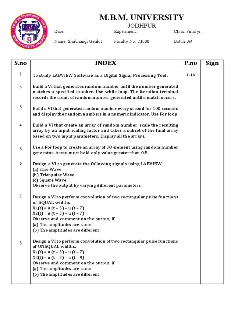 M.B.M. University: S.no Index P.no Sign | PDF | Sampling (Signal ...