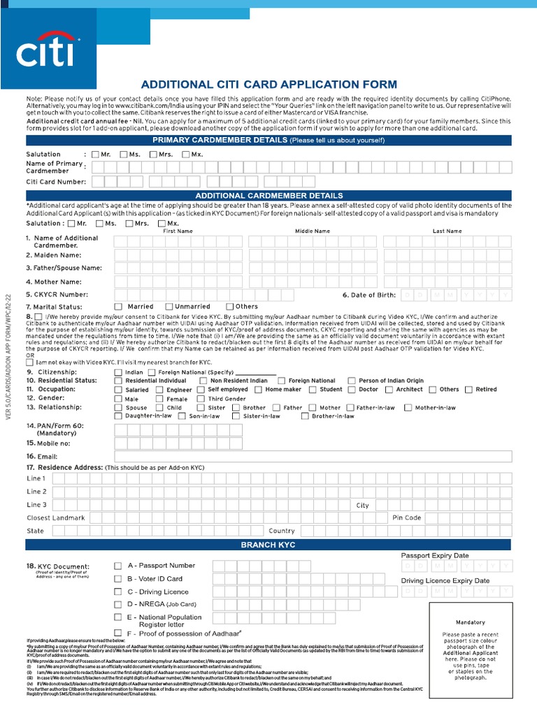 Add On Application Form PDF | PDF | Citigroup | Banks