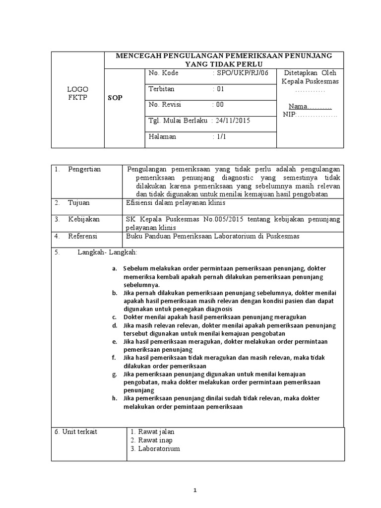 Contoh Spo Mencegah Pengulangan Pemeriksaan Yang Tidak Perlu | PDF