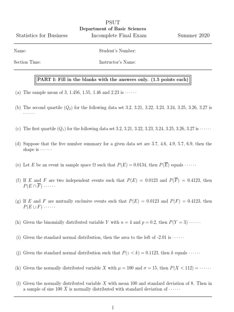Stat For Business Spring2017 Final Exam PSUT | PDF | Standard Deviation ...
