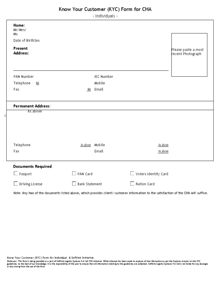 KYC Form for Individuals - Softlink Initiative | PDF