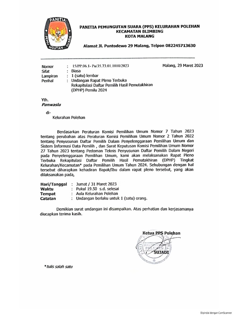 Undangan Pleno Rekapitulasi DPHP Polehan PDF | PDF