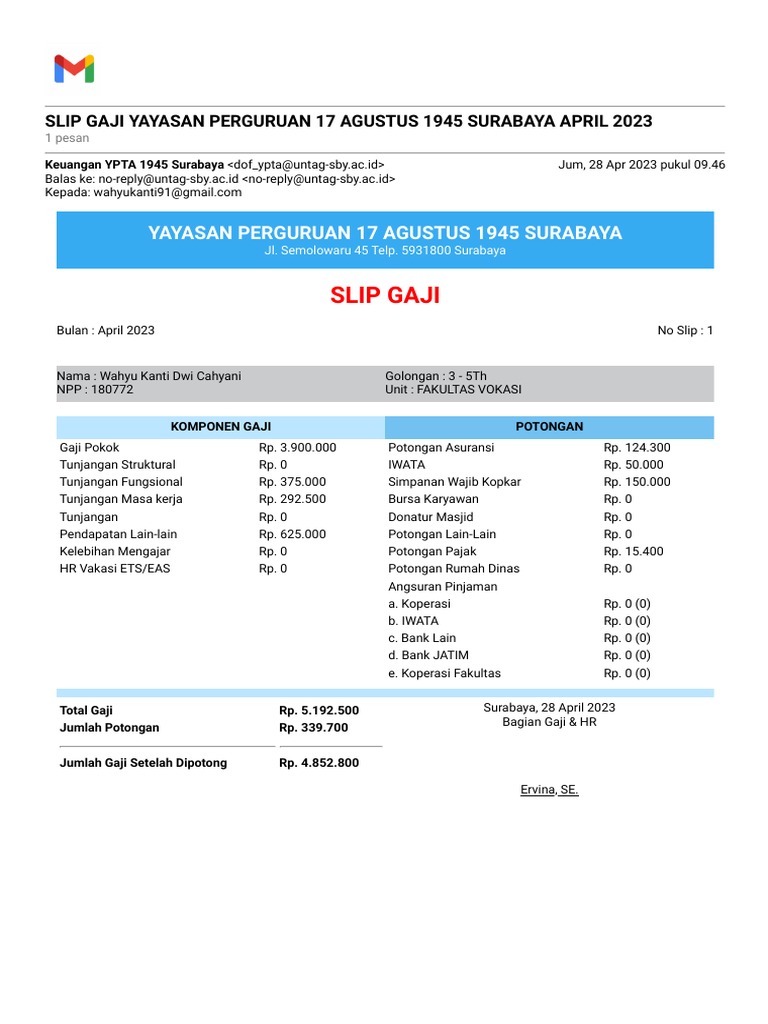 Slip Gaji Dosen April 2023 | PDF