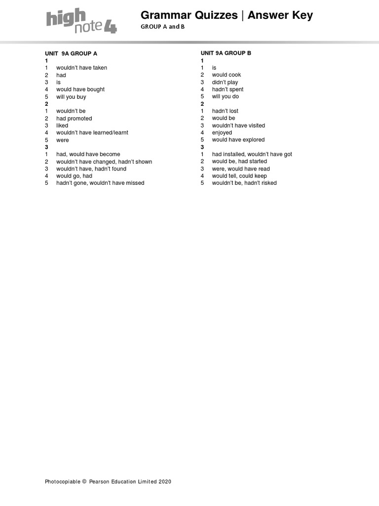 HighNote4 Grammar Quiz Unit09A GroupA B ANSWERS PDF | PDF