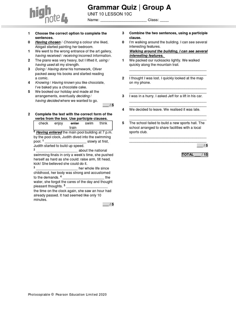 HighNote4 Grammar Quiz Unit10C GroupA PDF | PDF | Language Mechanics | Syntax