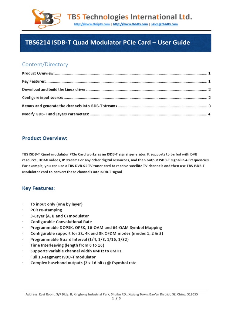 TBS6214 ISDB T Quad Modulator PCIe Card User Guide PDF | PDF