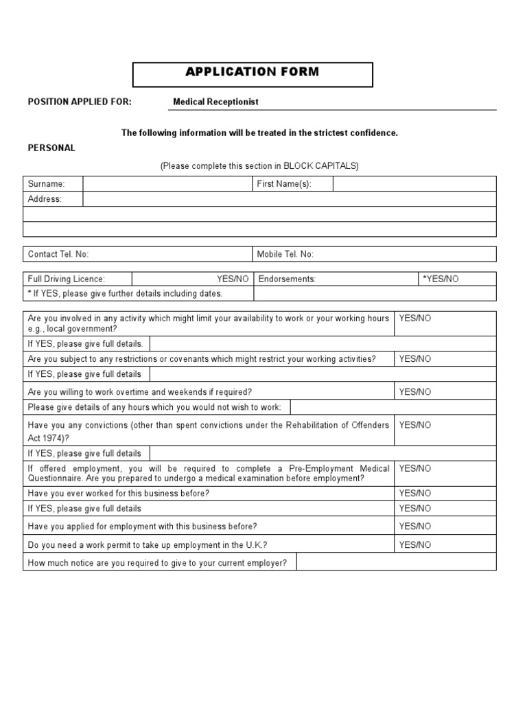 Medical Receptionist Application Form | PDF