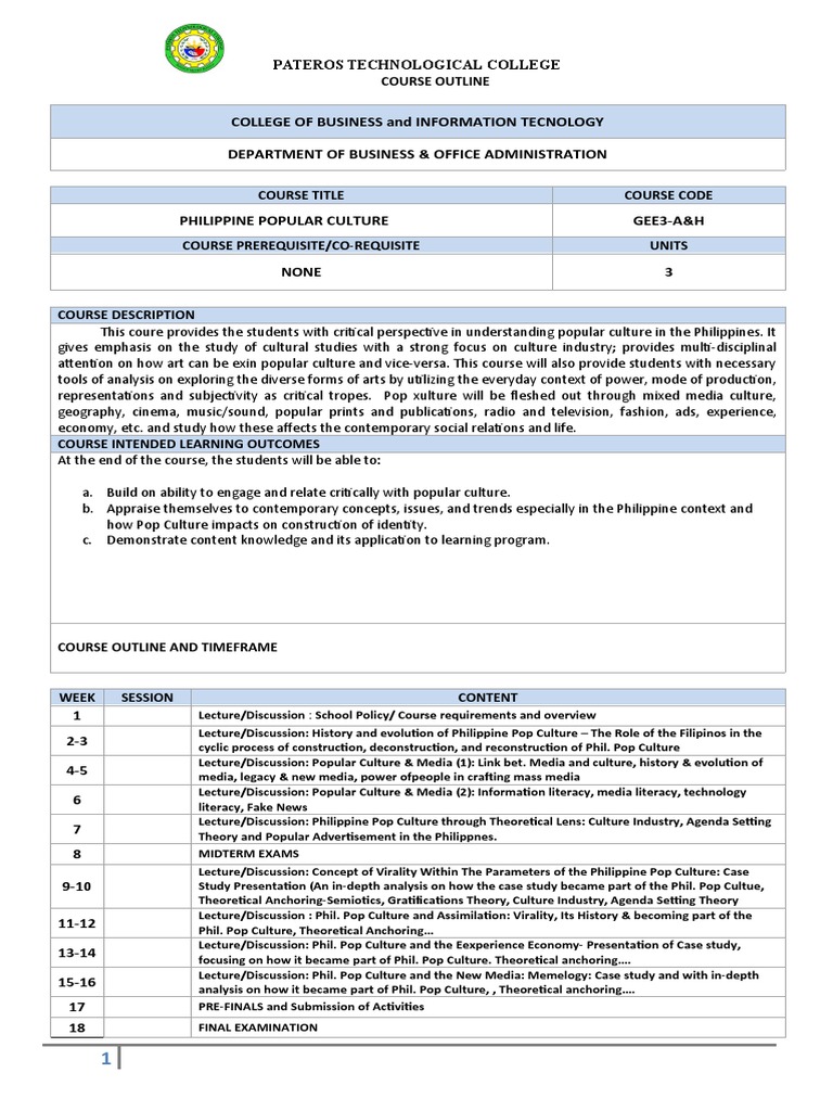 Philippine Popular Culture Course Outline | PDF
