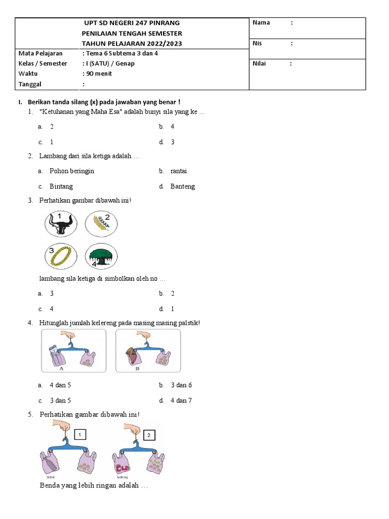 SOAL PTS KELAS 1 Tema 6 Subtema 3 Dan 4 | PDF