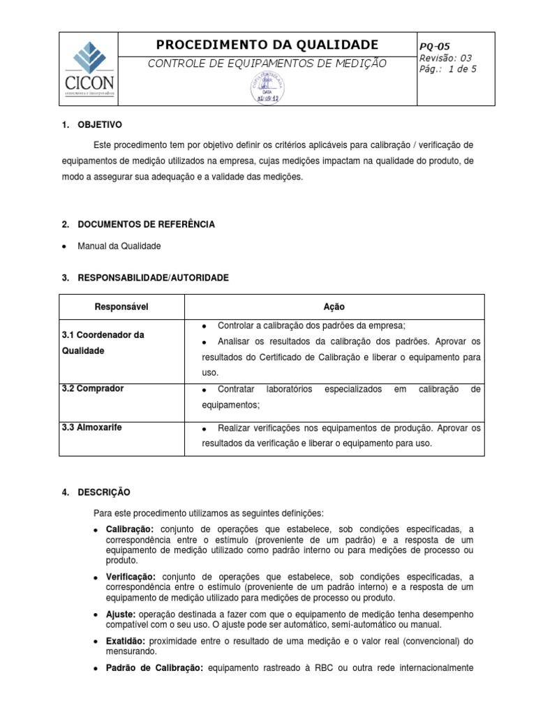 PROCEDIMENTO DA QUALIDADE.pdf | PDF | Calibração | Medição