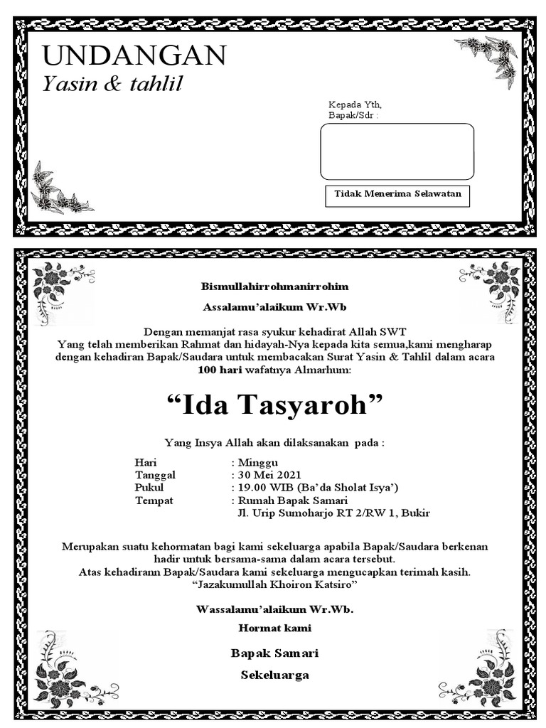 Undangan Yasin Tahlil 100hari | PDF