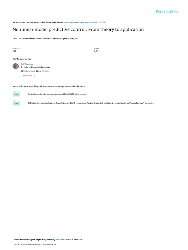 Nonlinear Model Predictive Control - From - Theory - To - Application PDF | PDF | Control Theory ...