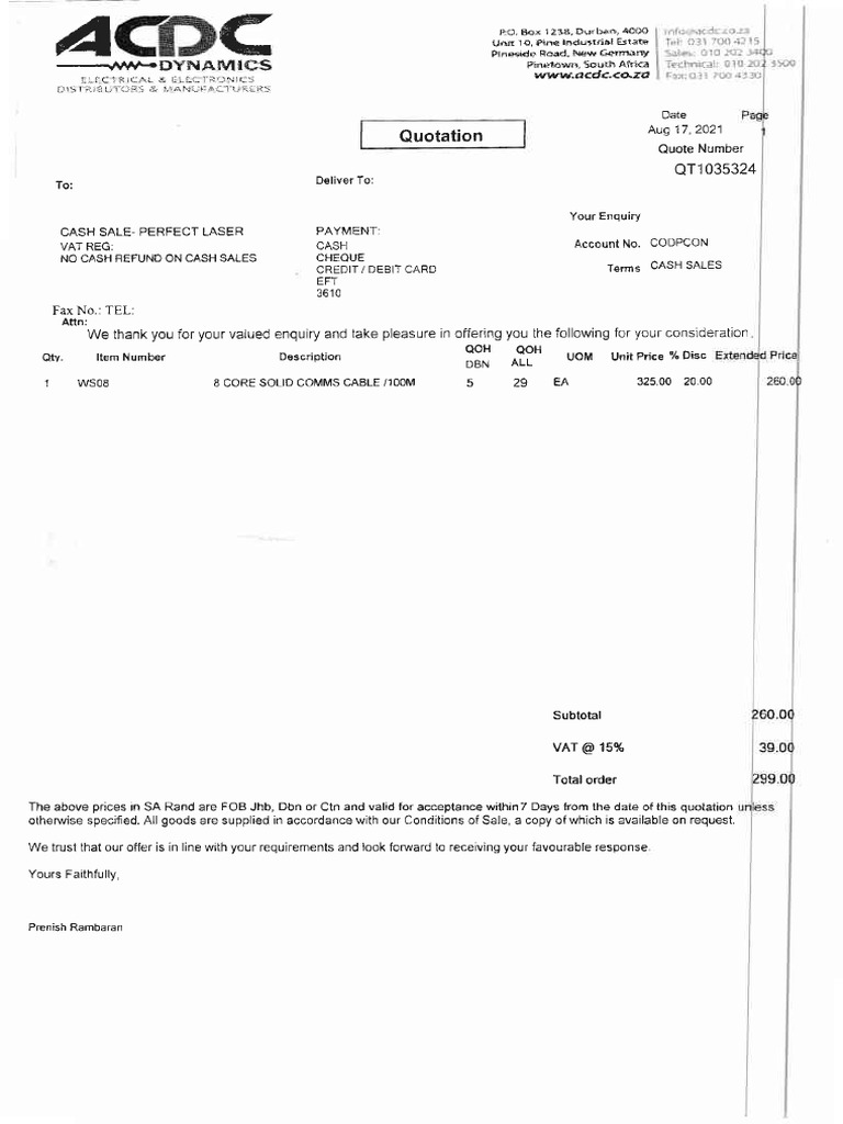 Cash Sale Quotation for Communication Cable | PDF