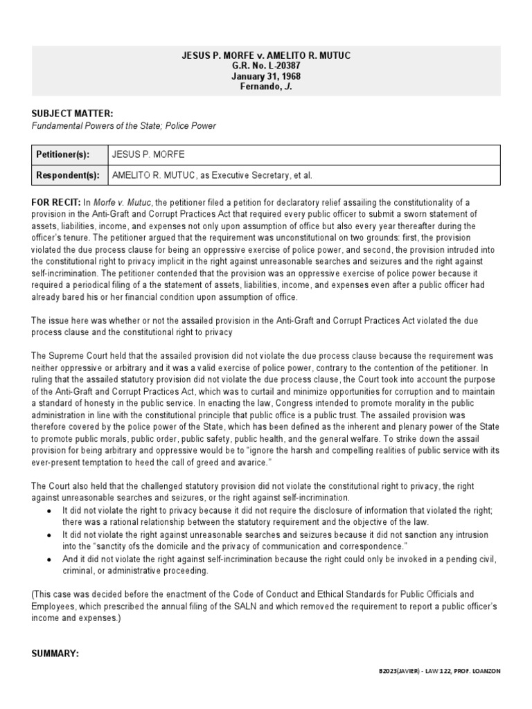 Morfe v. Mutuc (G.R. No.L-20387) | PDF