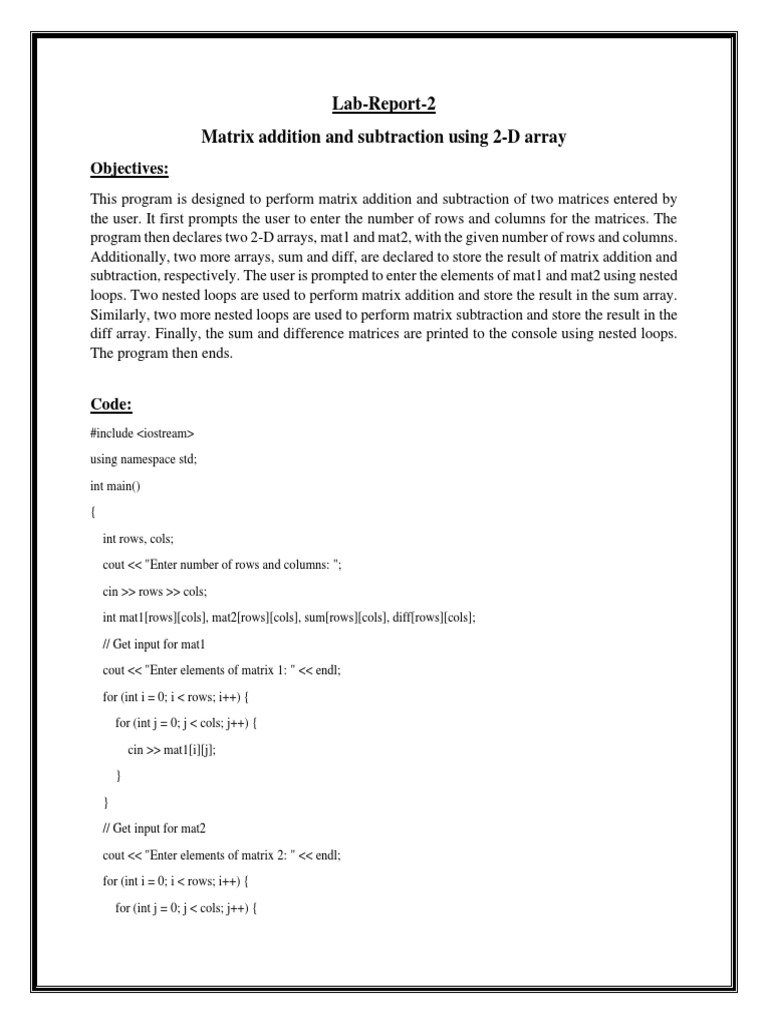 2.Matrix addition and subtraction using 2-D array.pdf | PDF