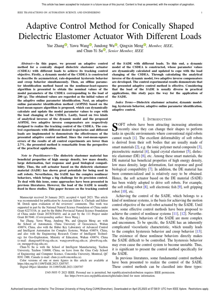 Adaptive Control Method For Conically Shaped Dielectric Elastomer ...