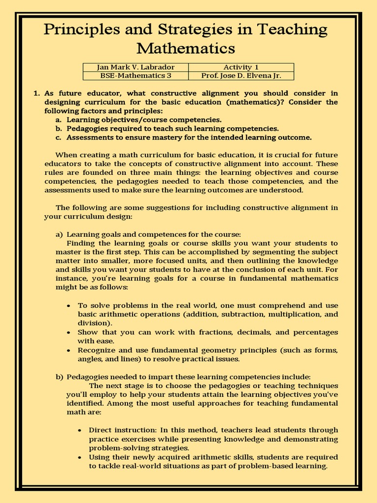 Constructive Alignment in Mathematics Education: Ensuring Learning ...