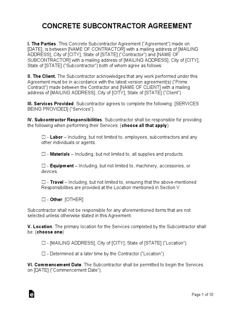 Concrete Subcontractor Agreement | Download Free PDF | Indemnity ...