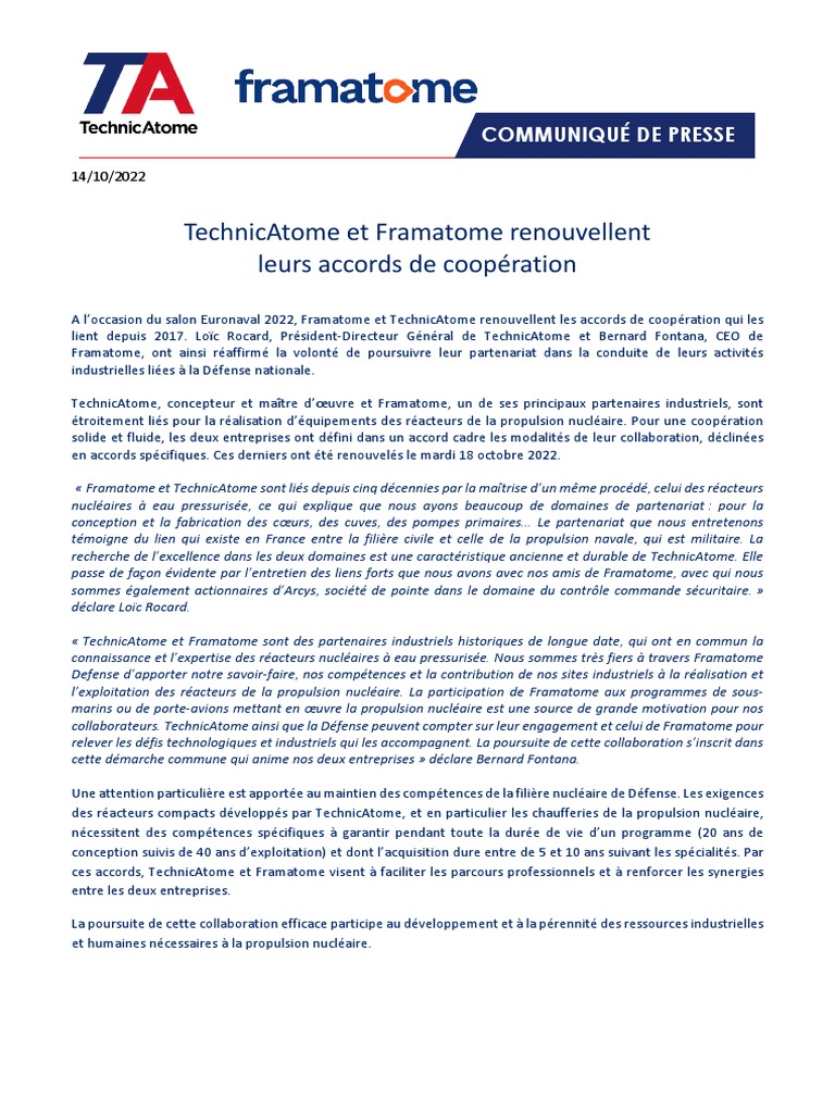 TechnicAtome Et Framatome Renouvellentâleurs Accords de Cooperation ...