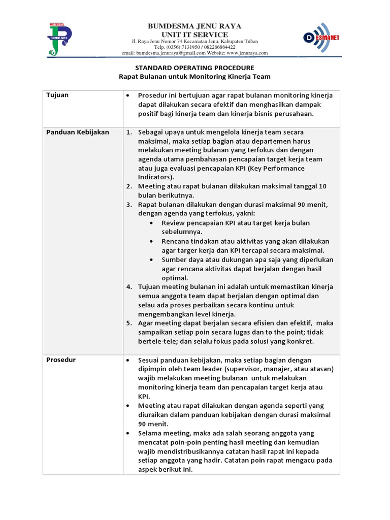 SOP Rapat Bulanan Monitoring Kinerja PDF | PDF | Karier & Perkembangan | Pengelolaan Keuangan & Uang