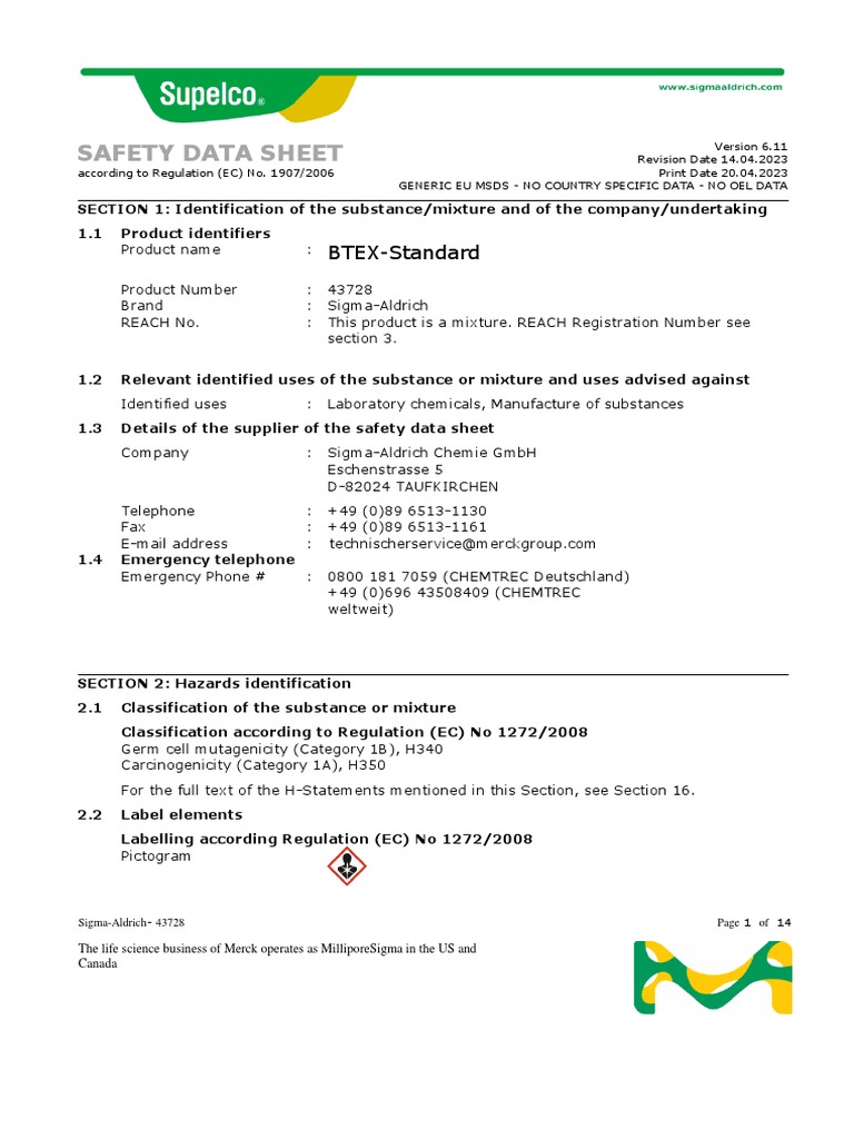 BTEX-Standard Safety Data Sheet.pdf | PDF | Dangerous Goods | Toxicity