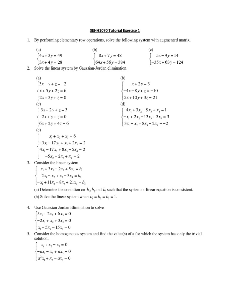SEHH1070 Tutorial Exercise 1 PDF | PDF | System Of Linear Equations ...