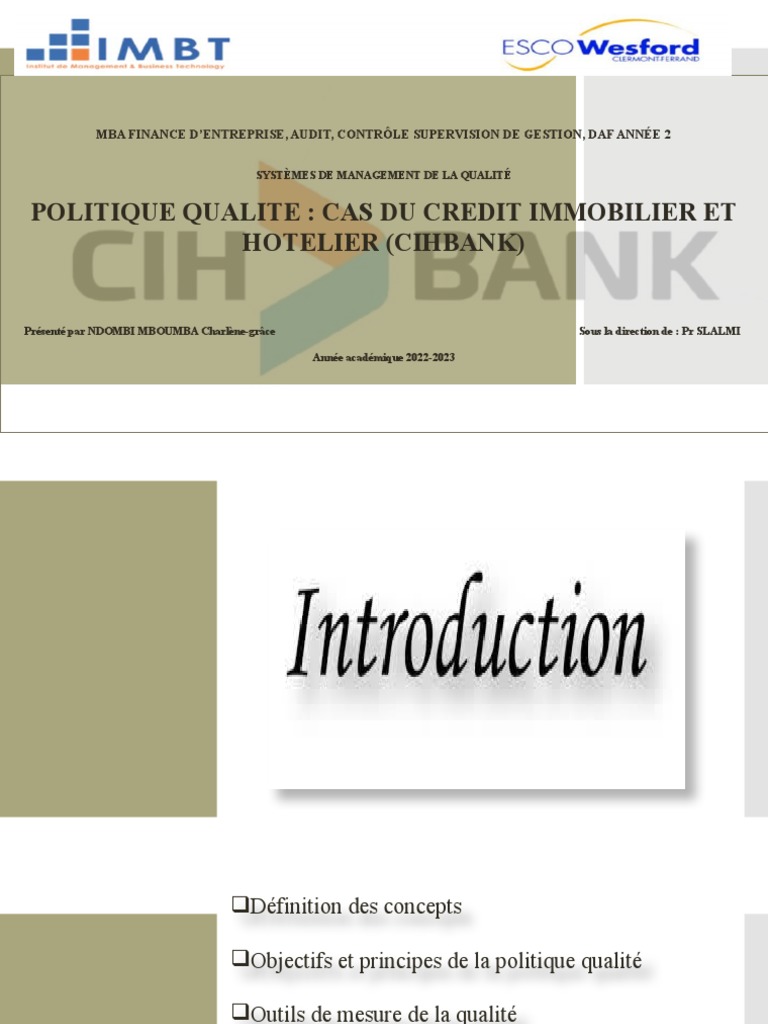 Politique Qualite: Cas Du Credit Immobilier Et Hotelier (Cihbank) | PDF