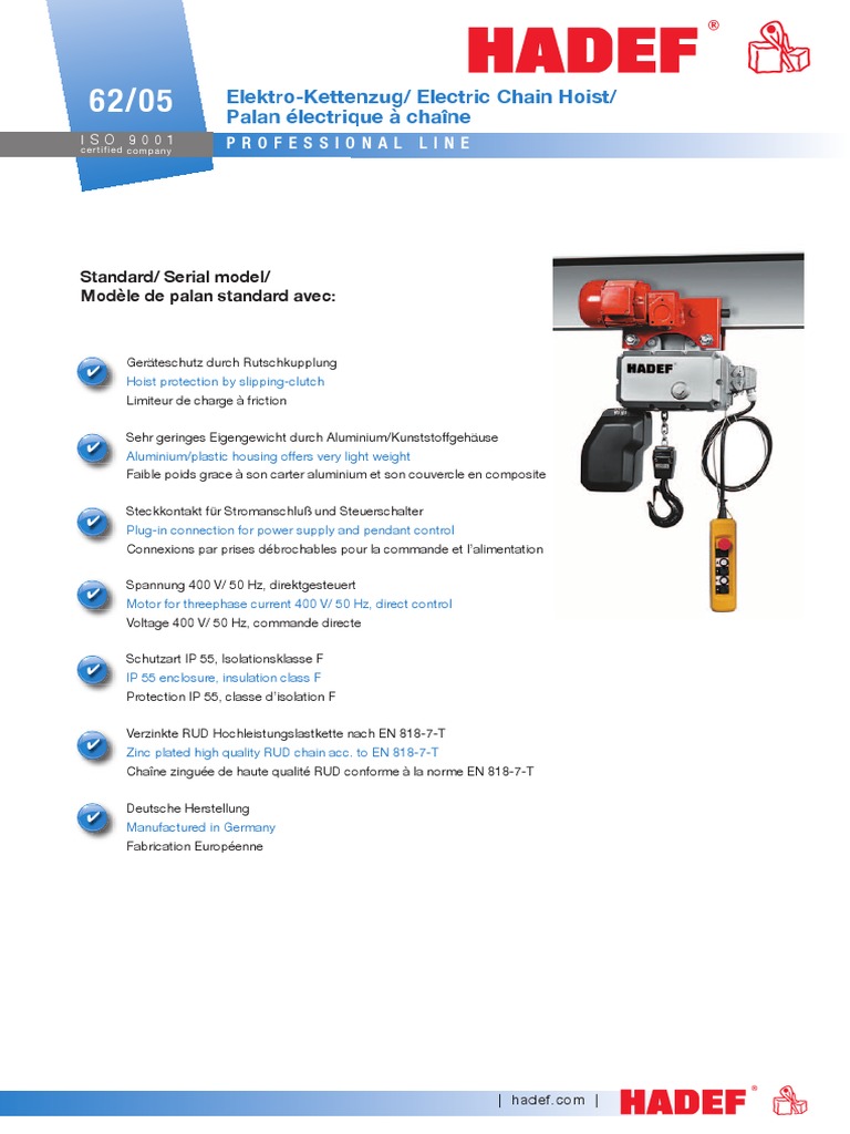 62 05 HADEF Data Sheet Electric Chain Hoist PDF | PDF | Sciences et ...