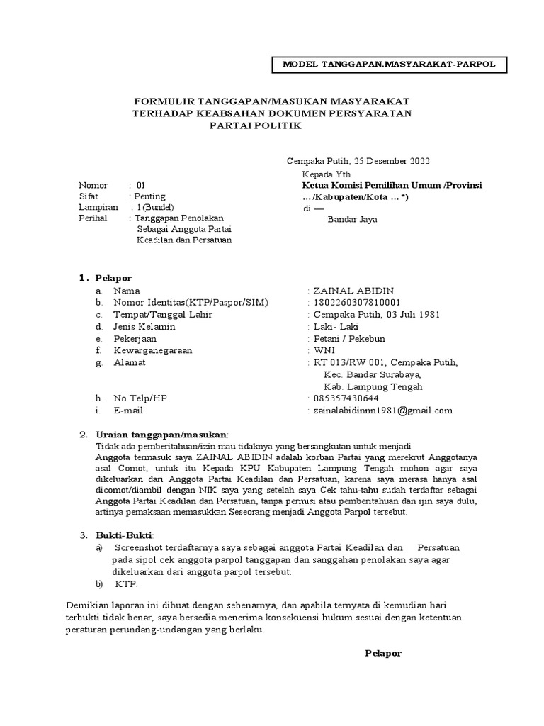 Tanggapan Zainal Abidin ke KPU | PDF