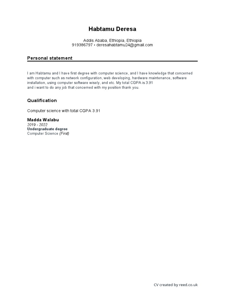 Computer Science Graduate CV - Habtamu Deresa | PDF | Computers