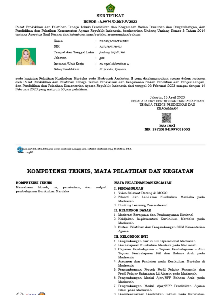 Sertifikat Pelatihan Kurikulum Merdeka Pada Madrasah 03-05-2023 PDF | PDF