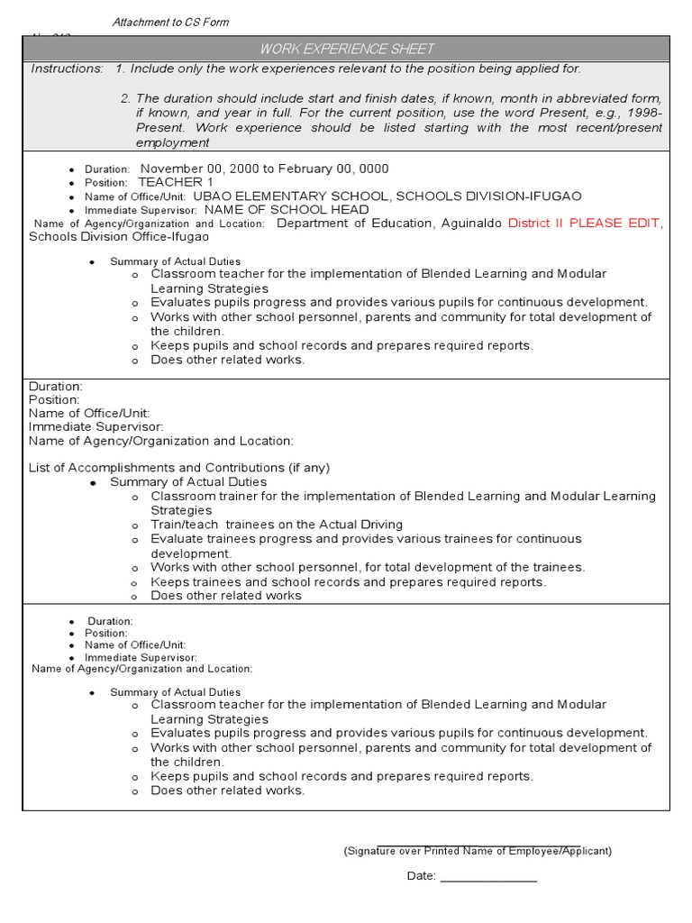 3.1 5th Page of PDS Work Experience Sheet 5 1 | PDF | Education Theory ...