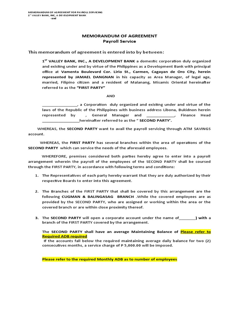 Memorandum of Agreement-Farbeco | PDF | Automated Teller Machine ...