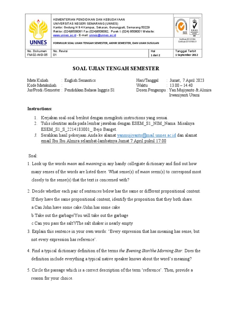 Formulir Soal Ujian Semantics UNNES | PDF | Career & Growth