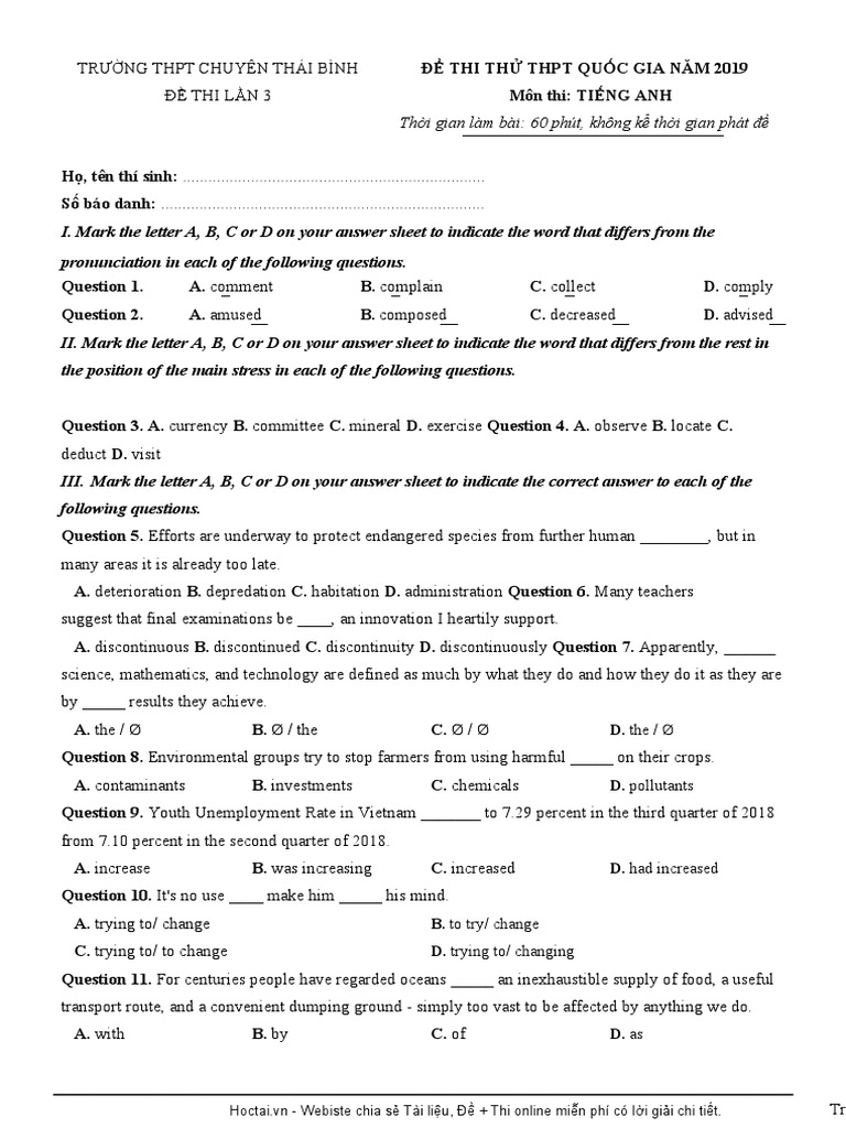 de Thi Thu THPT QG Mon Anh Truong THPT Chuyen Thai Binh - Lan 3 - Nam 2019 (Co Loi Giai Chi Tiet ...