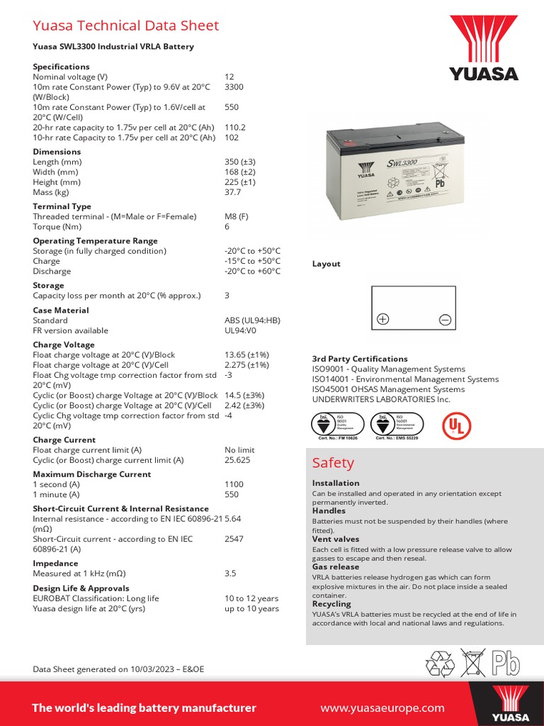 Yuasa SWL3300 Battery Datasheet | PDF