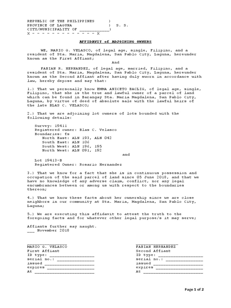 Affidavit of Adjoining Owners Baclig | PDF