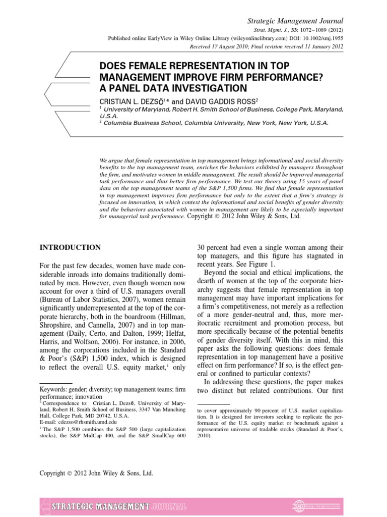 2012 - Dezs - Does Female Representation in Top Management Improve Firm Performance A Panel PDF ...