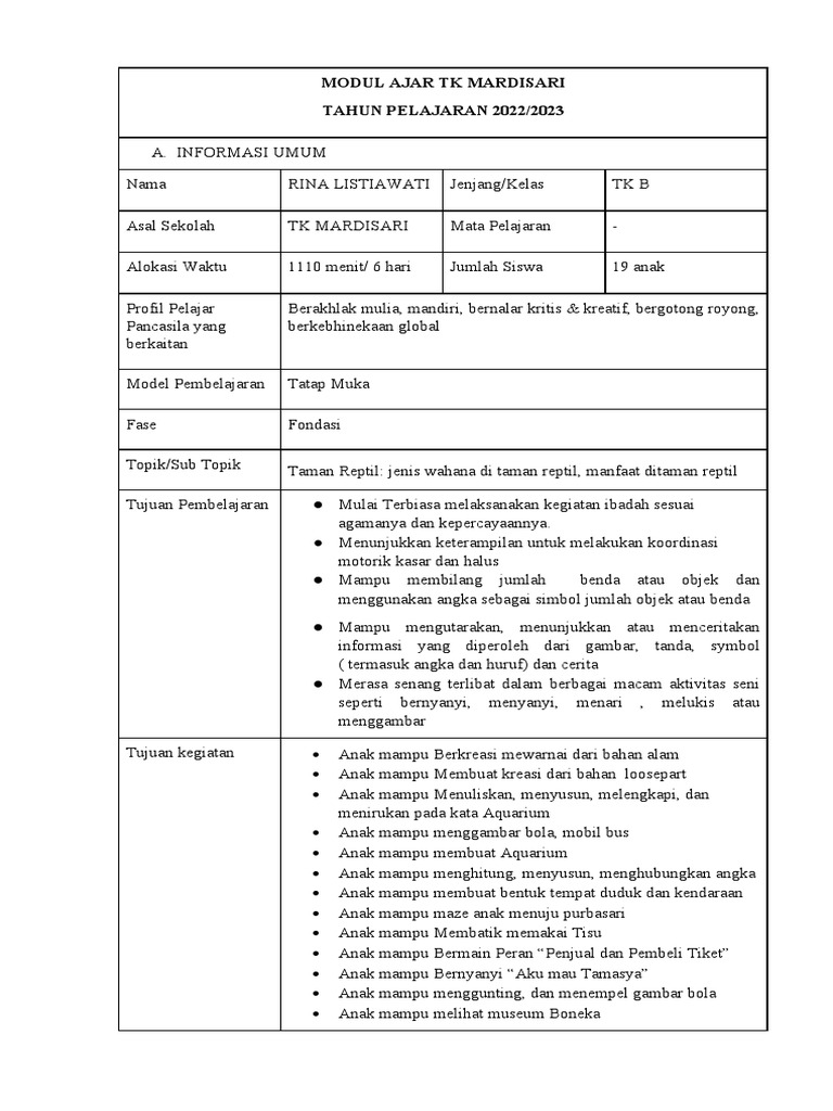 Modul Ajar Taman Reptil untuk TK B | PDF
