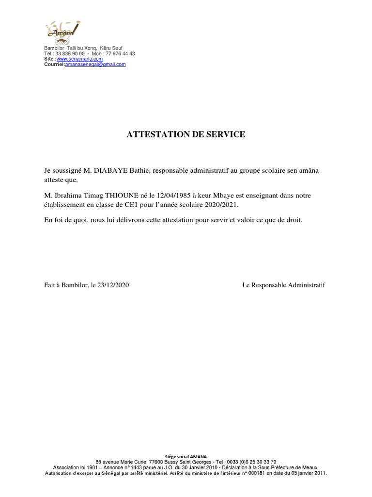 Attestation de Service THIOUNE | PDF