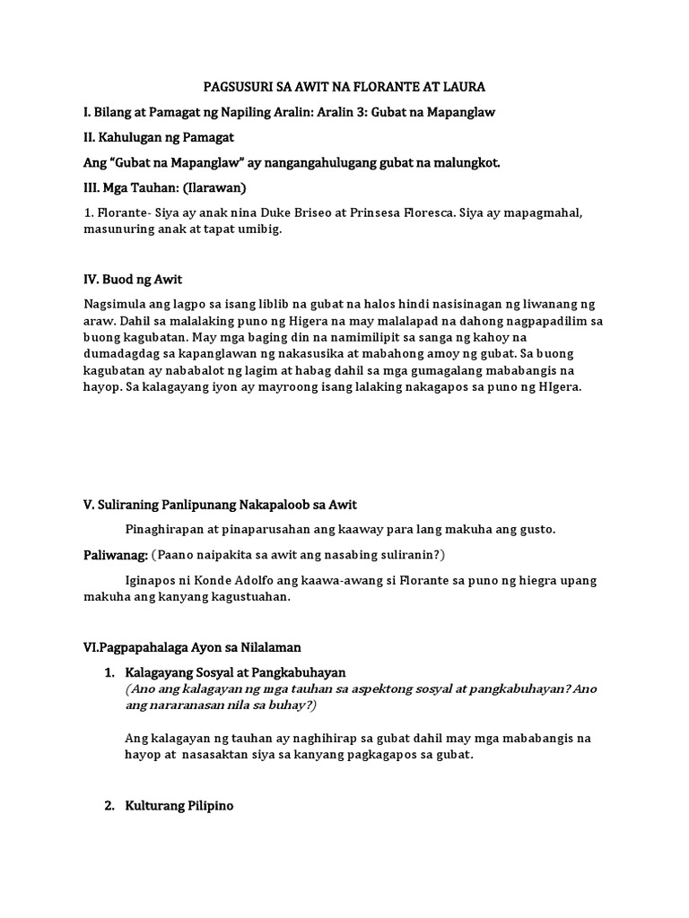 Pagsusuri Sa Awit Na Florante at Laura | PDF